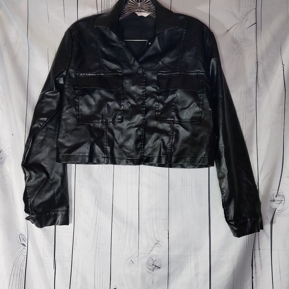 ROMWE | Jackets & Coats | Romwe Faux Leather Black Cropped Biker Jacket ...